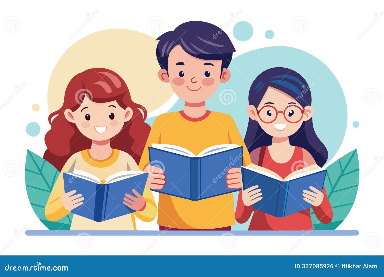 Three Students Happily Read Their Books Together in a Bright Classroom ...