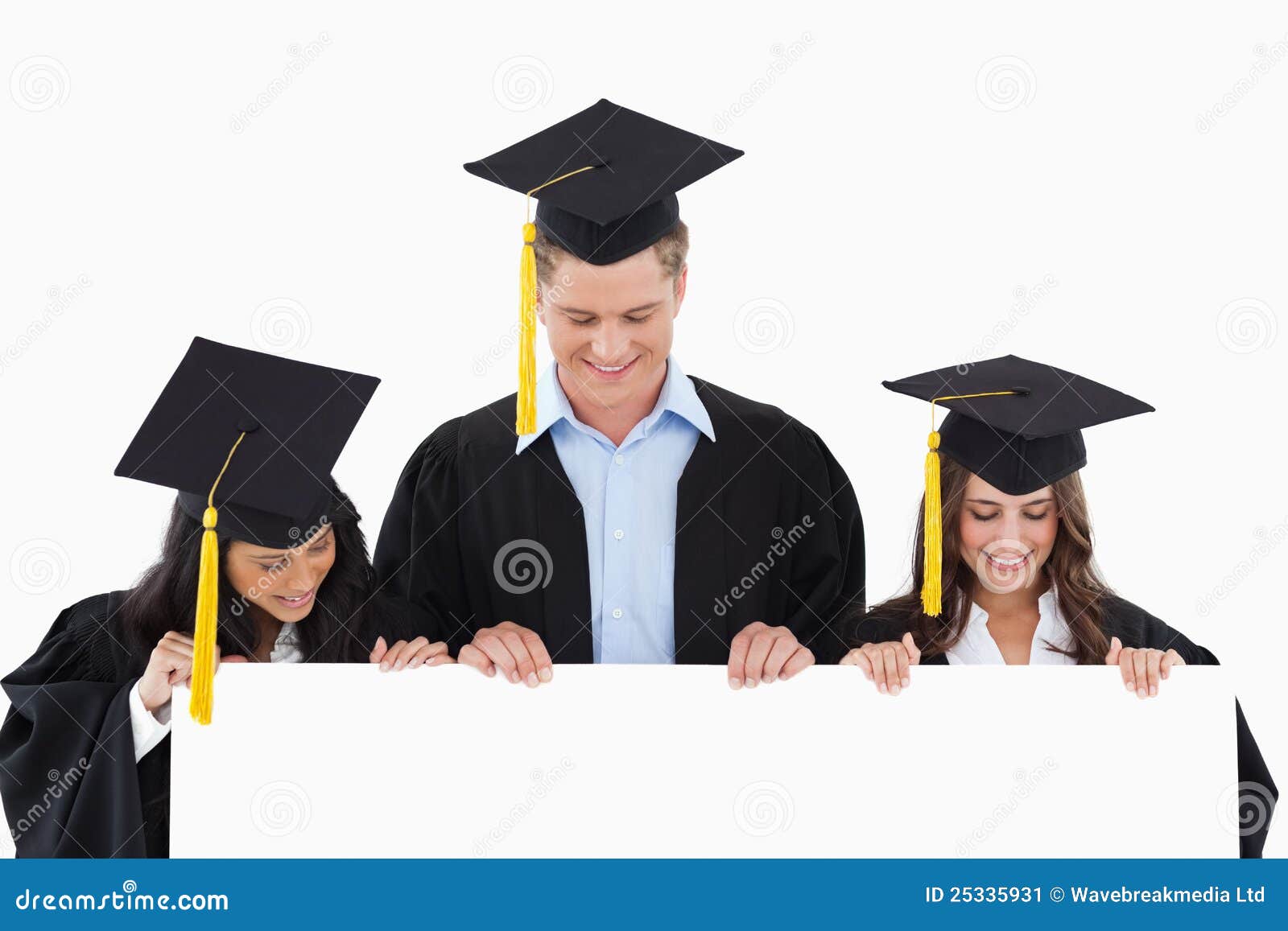 Three Students Having Graduated Holding Blank Sheet and Looking Stock ...
