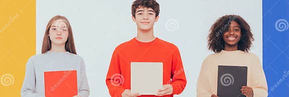 Three Students Holding Notebooks Together Diverse Group of Three ...