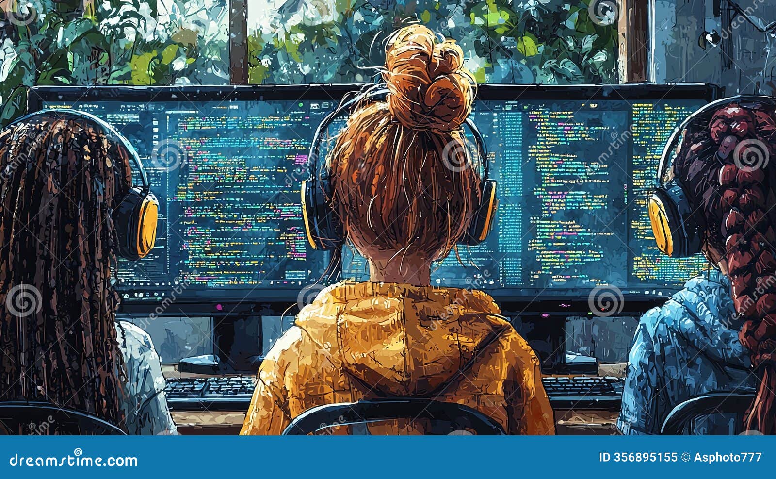 Three Students Learning Programming at Desktop Computers in a Technology Classroom Stock ...