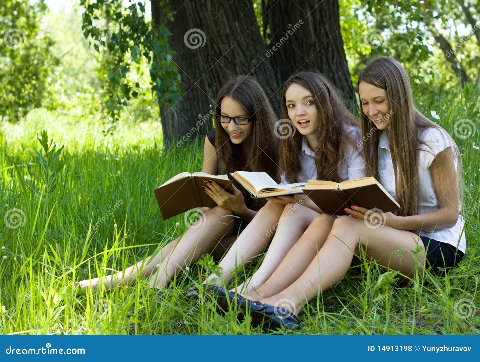 Three Students Reading Books Outdoor Stock Photo - Image of caucasian ...