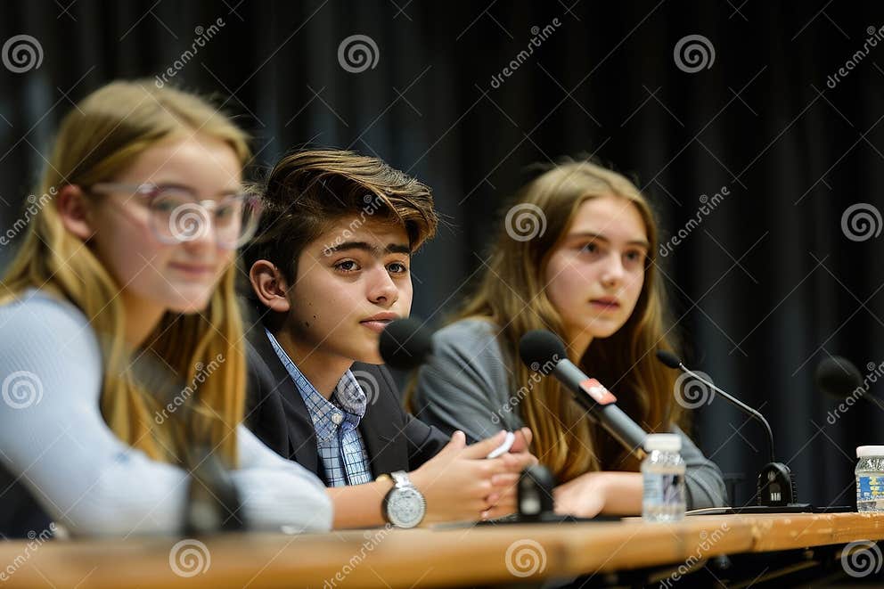 Three Students are Sitting at a Table with Microphones, Participating ...