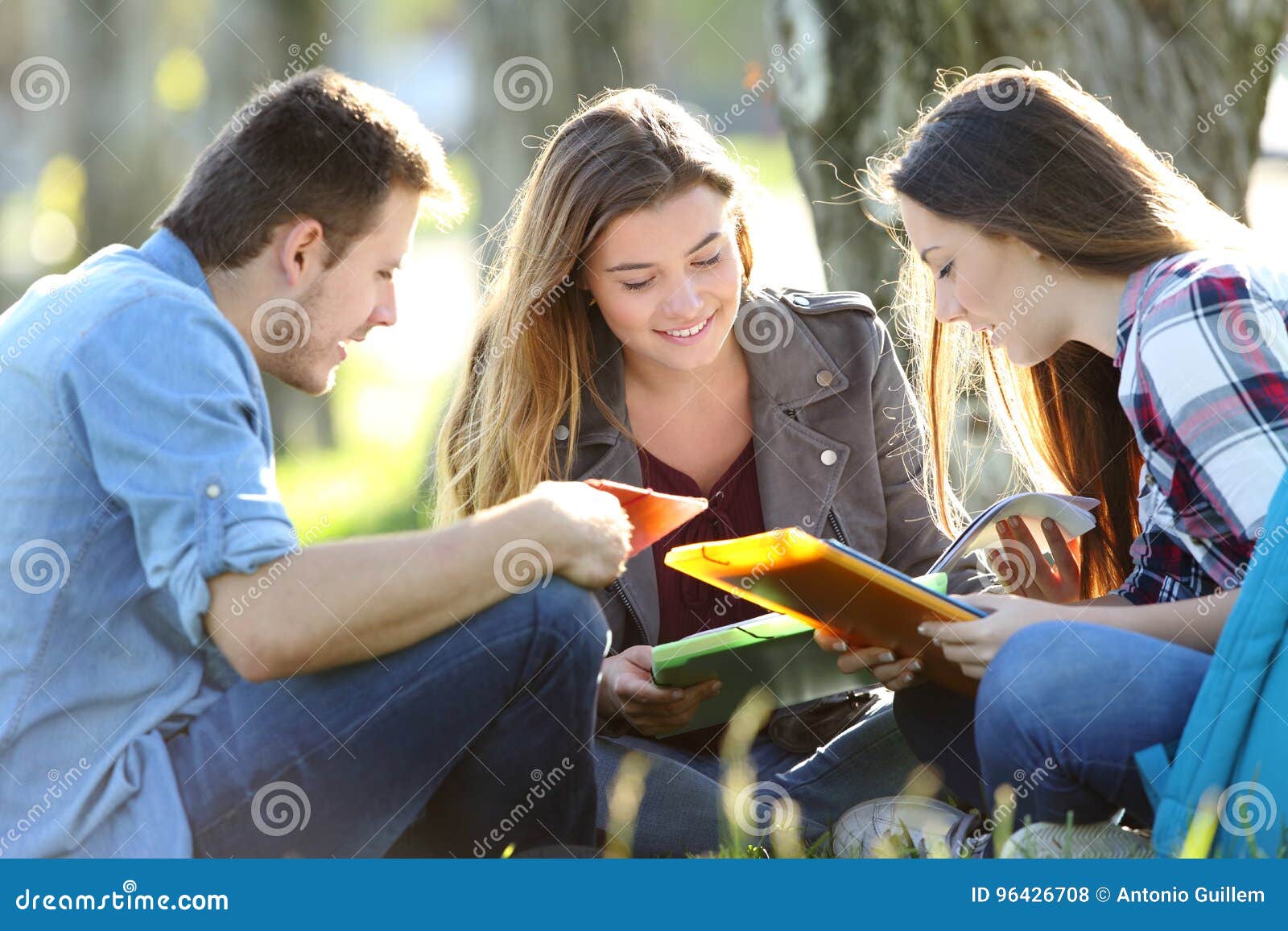 Three Students Studying Outdoors on the Grass Stock Photo - Image of ...