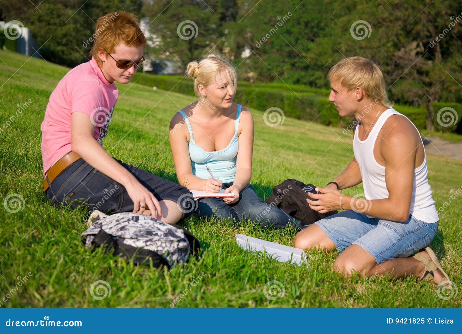 Three Students Talking in the Park Stock Image - Image of purple, bags ...