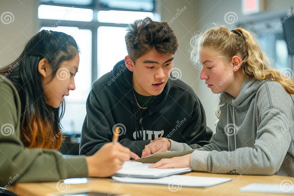 Three Students Work Together on a Group Project, Focusing on a Notebook ...