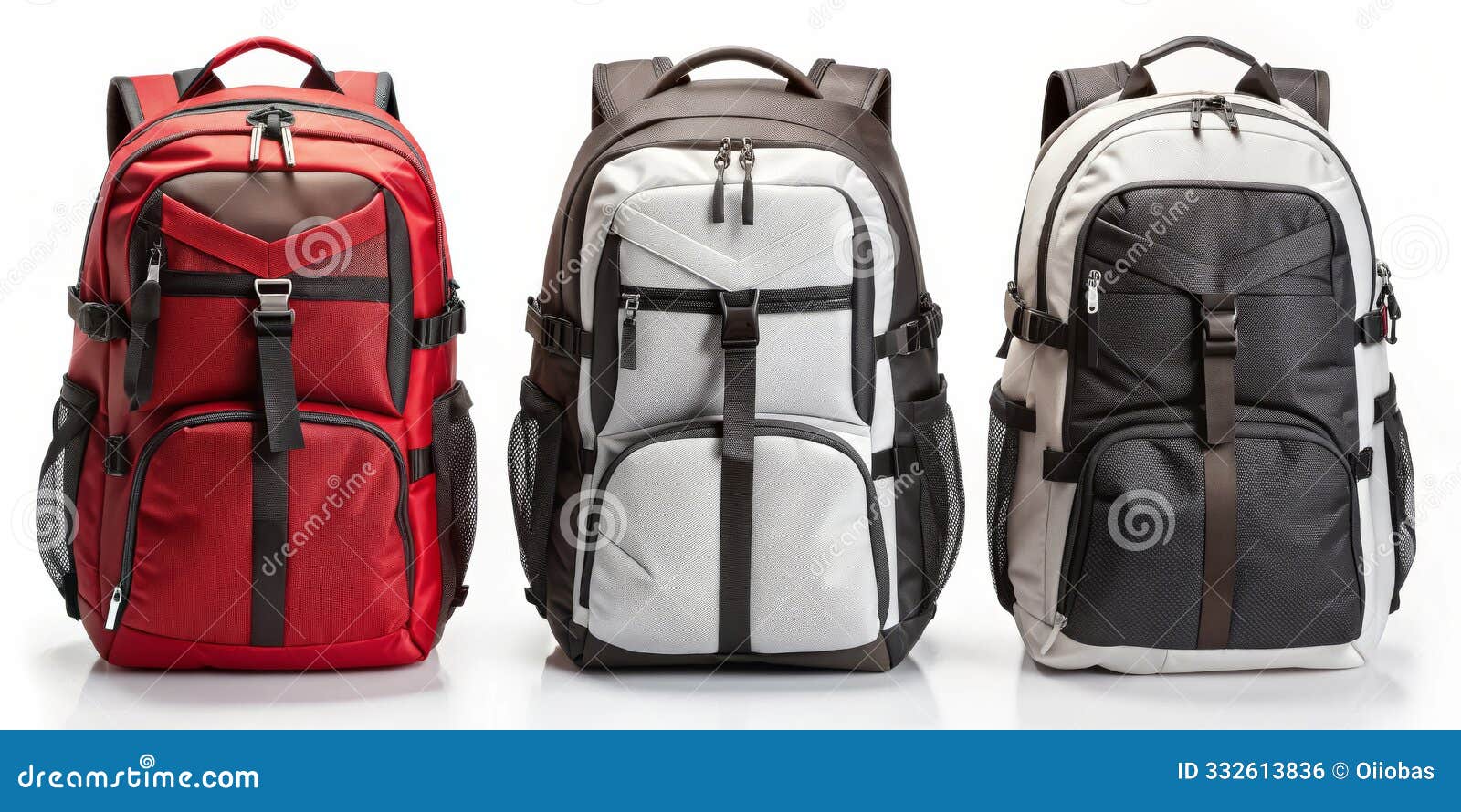 Three Stylish Backpacks Red, White, and Black - Leather and Nylon Design - Isolated on White ...