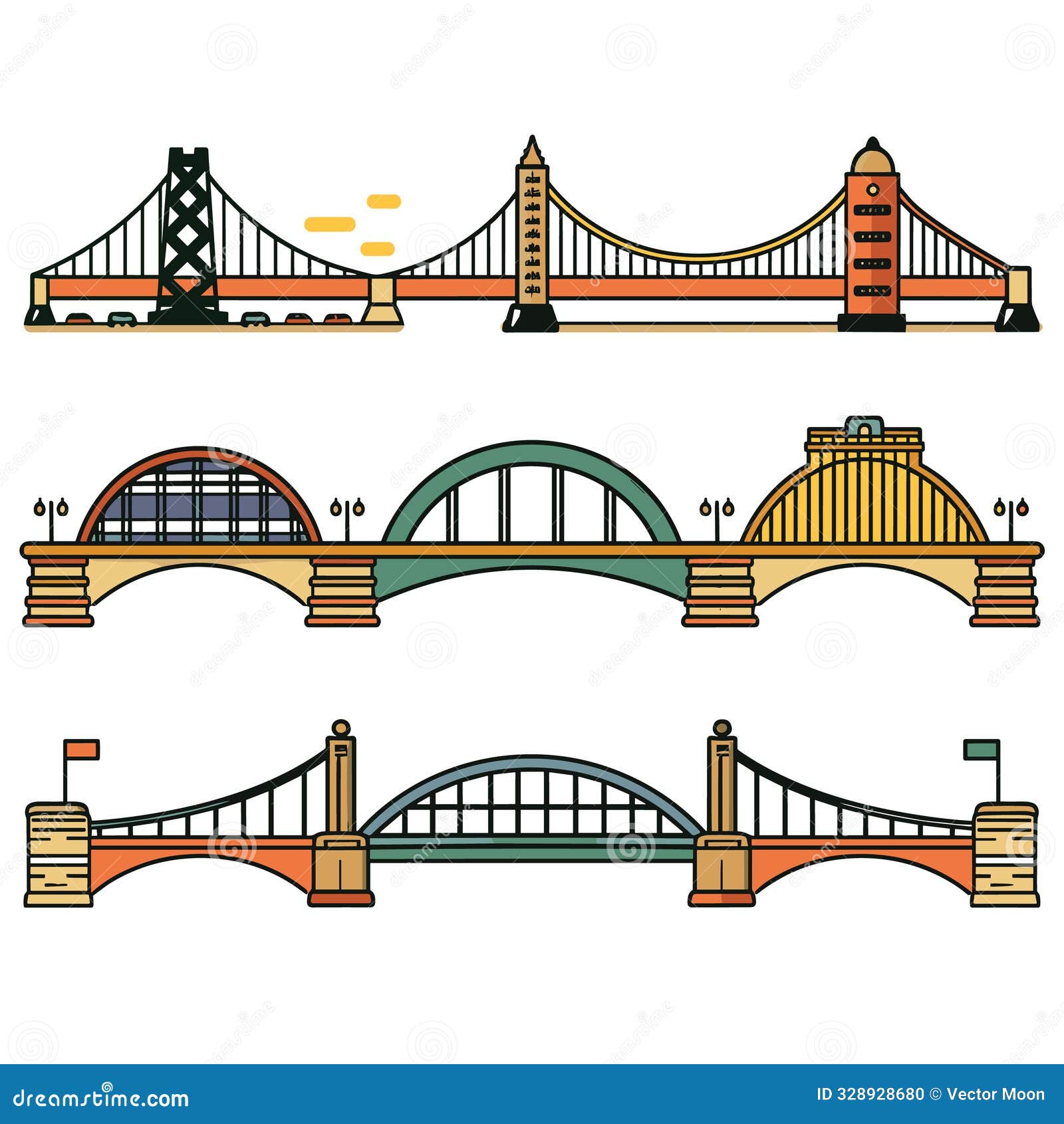 Three Stylized Bridges Architecture Illustrations, Colorful Flat Design ...