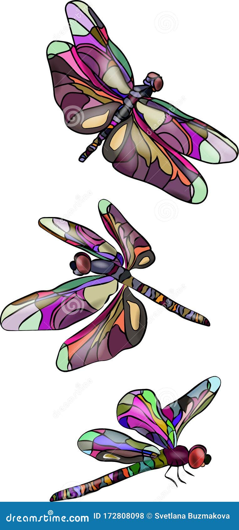 Three Stylized, Brightly Colored Dragonflies, Isolated on White ...