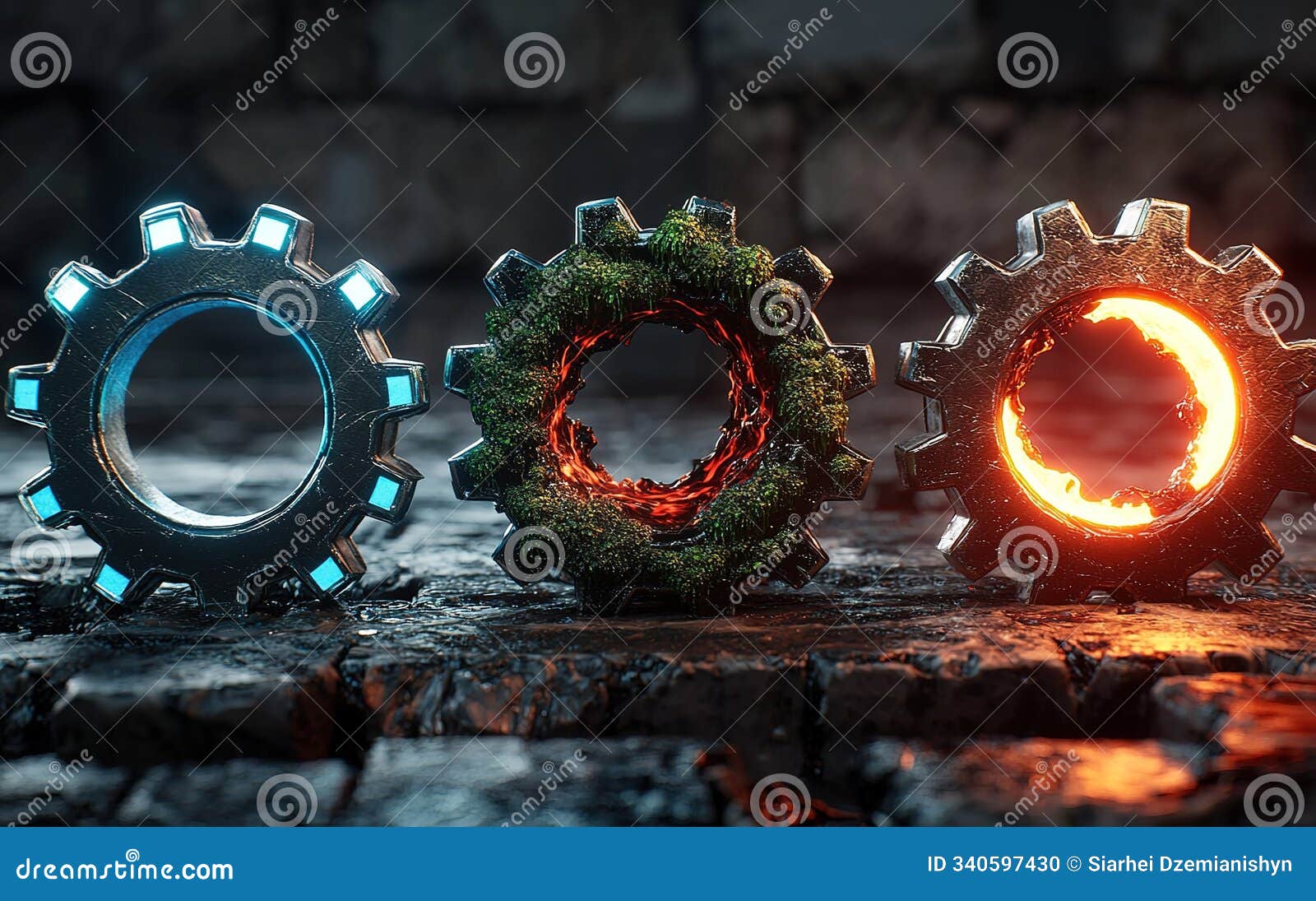 Three Stylized Gears Representing Different Elemental Themes on a ...