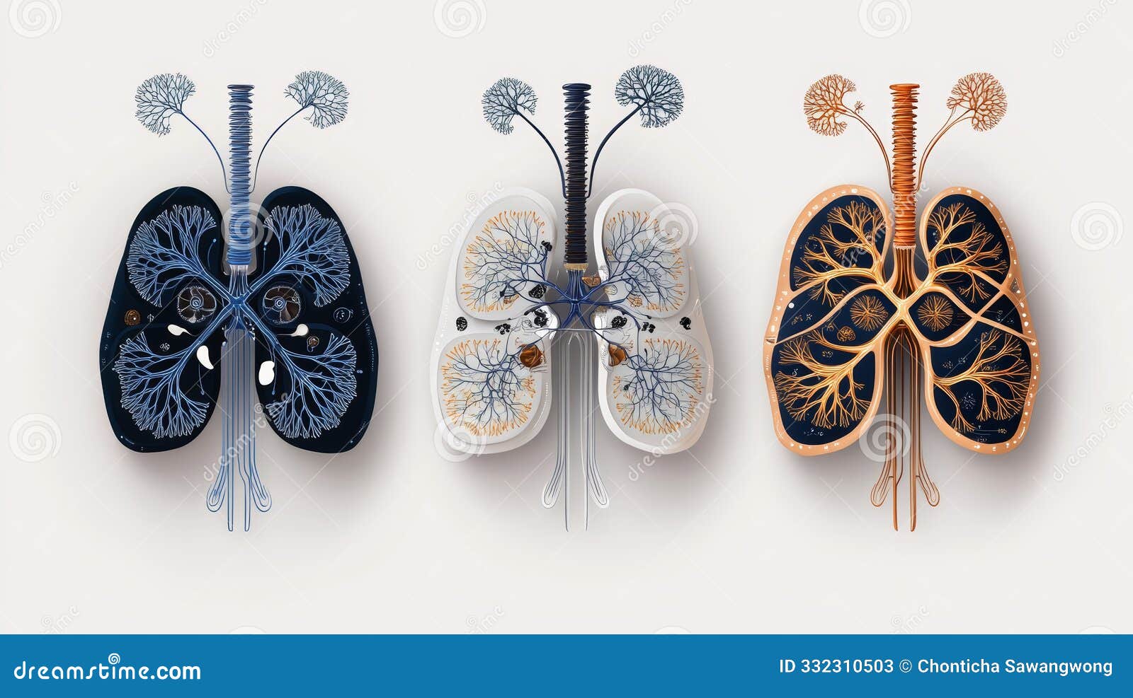 Three Stylized Human Lungs, Each with Different Color Palettes and ...