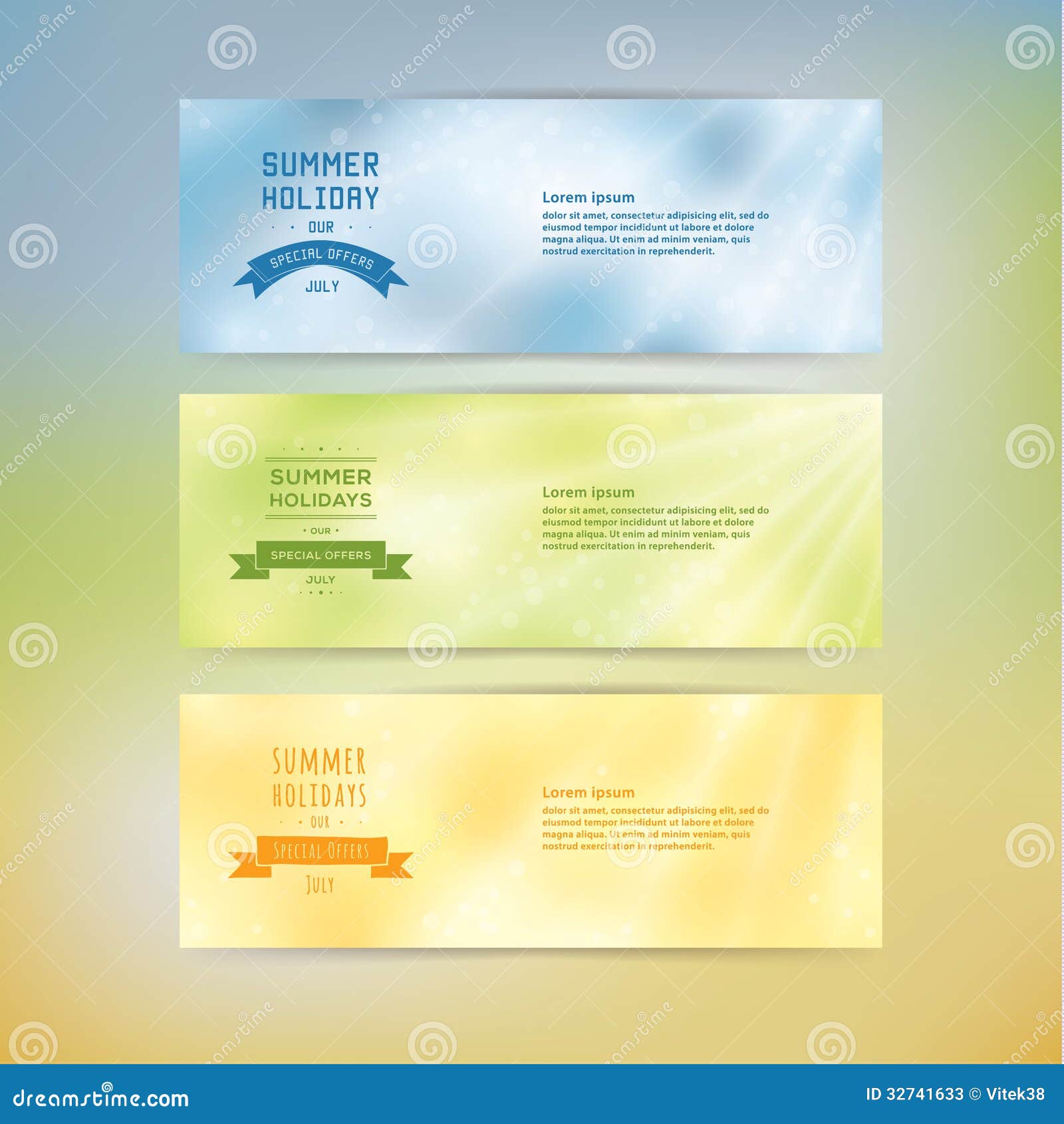 Three Summer Holiday Banners. Abstract Blurred Backgrounds With Cartoon ...