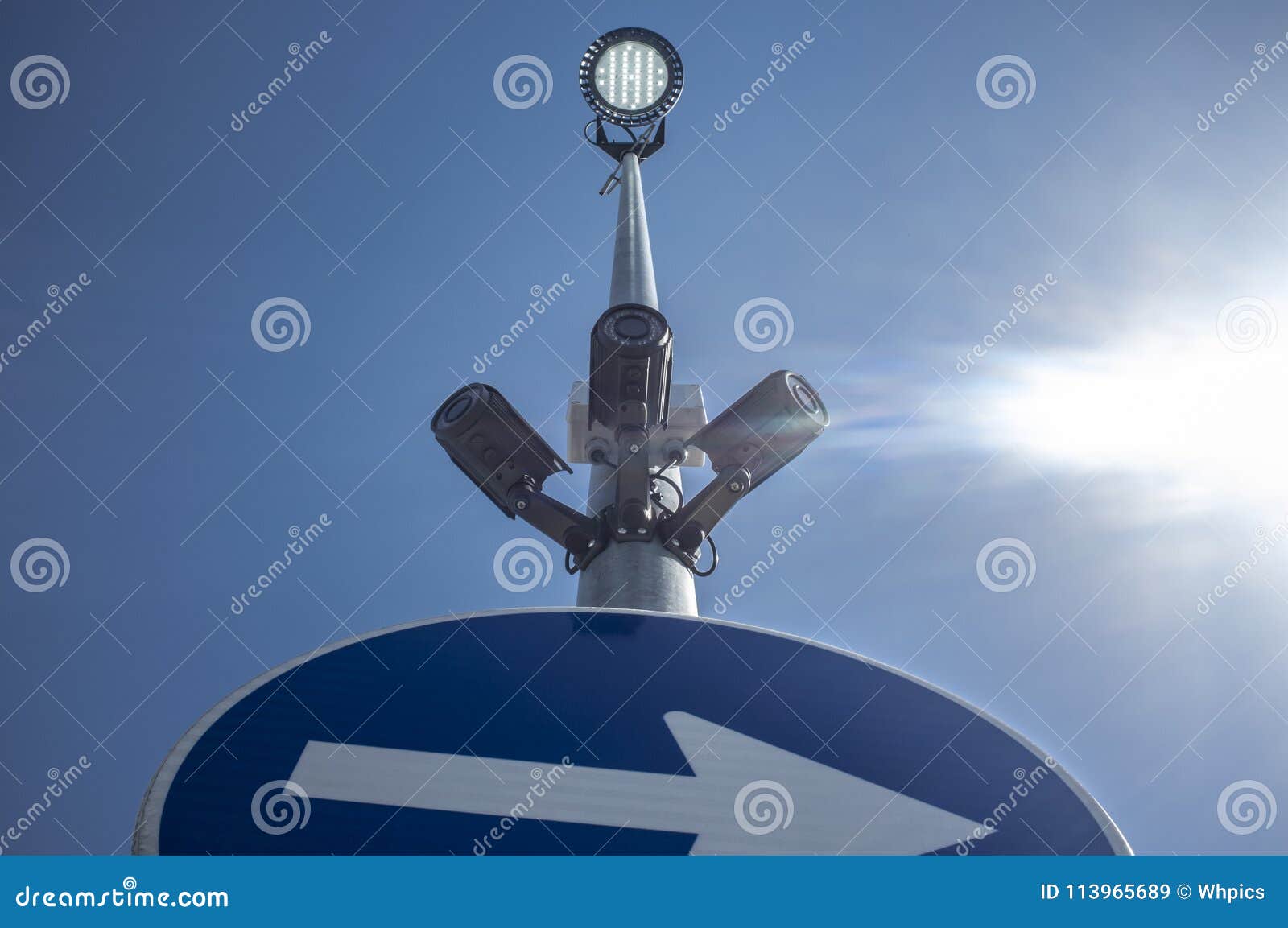 Three Surveillance Cameras Attached on Led Light Pole with Direction ...