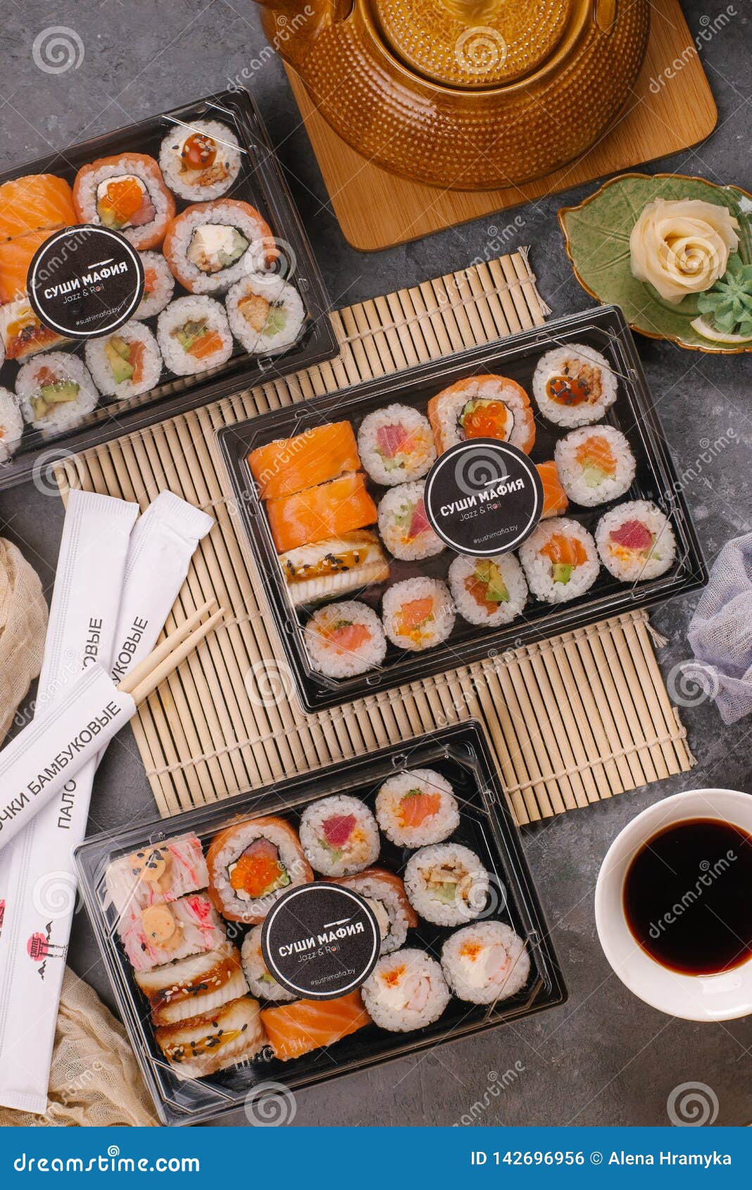 Three Sushi on the Table, Top View. Multiple Sushi Dishes Editorial ...
