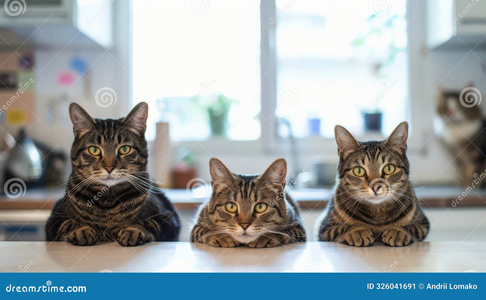 Three Tabby Cats Sitting on Kitchen Countertop Stock Image - Image of ...
