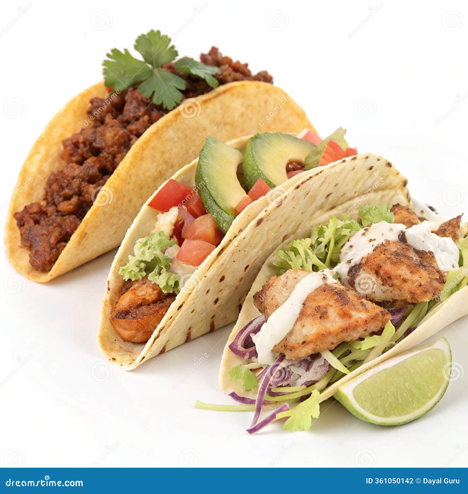 Three Tacos with Different Toppings Isolated on White Background Stock ...
