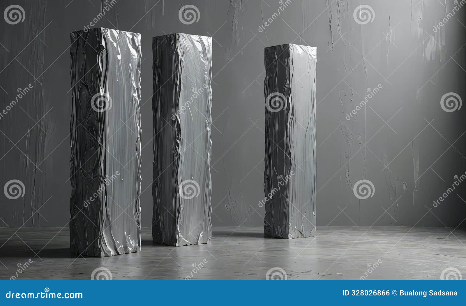 Three Tall, Rectangular Pillars with Textured Surface Stand in Dimly ...
