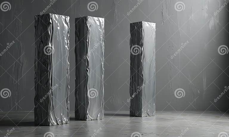 Three Tall, Rectangular Pillars with Textured Surface Stand in Dimly ...