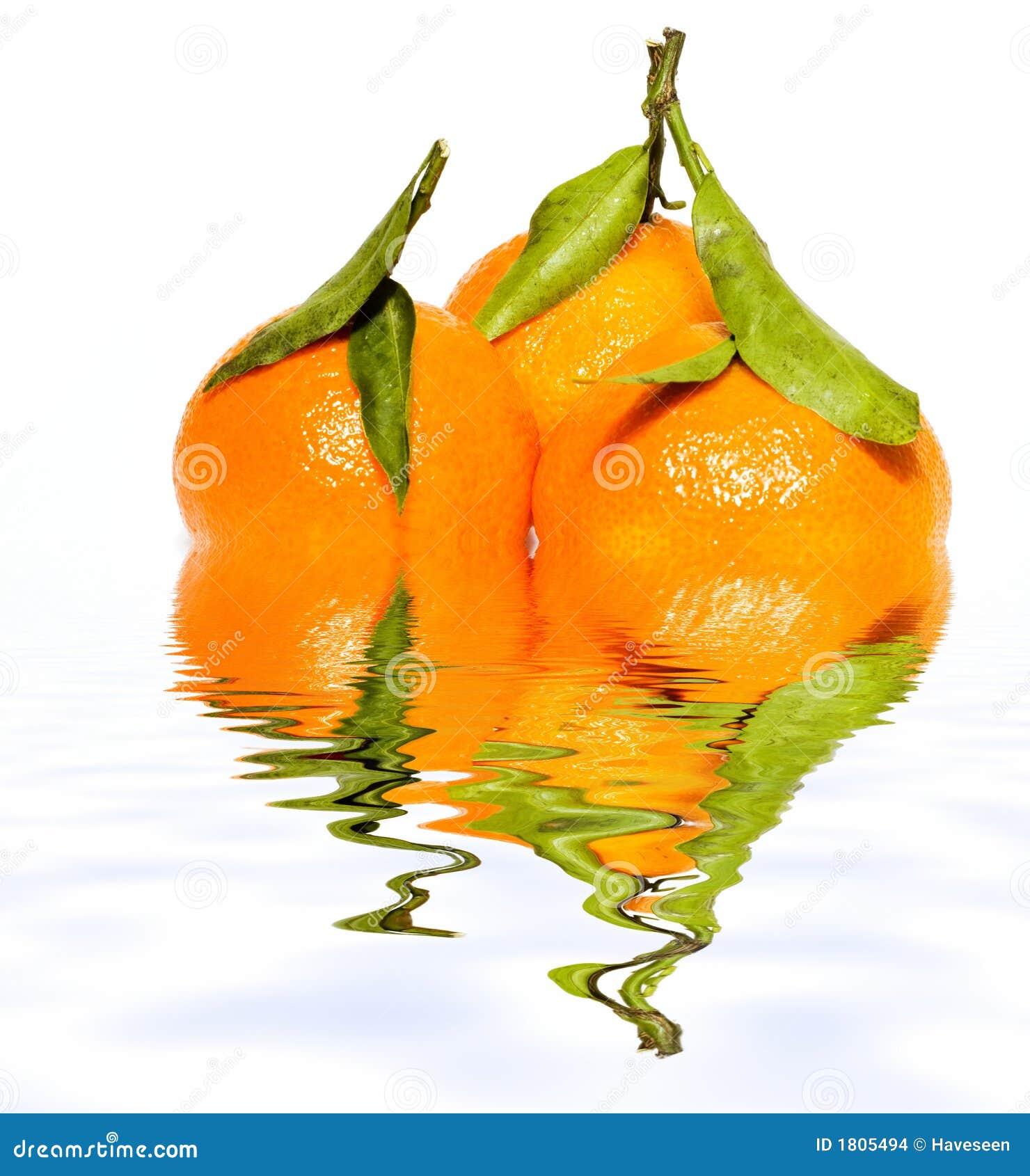 Three Tangerines with Leafs with Reflection on Water Stock Photo ...