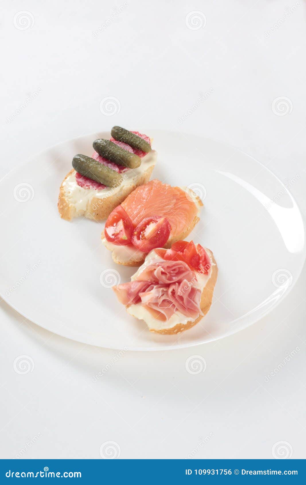 Three tapas on a plate stock photo. Image of gourmet - 109931756