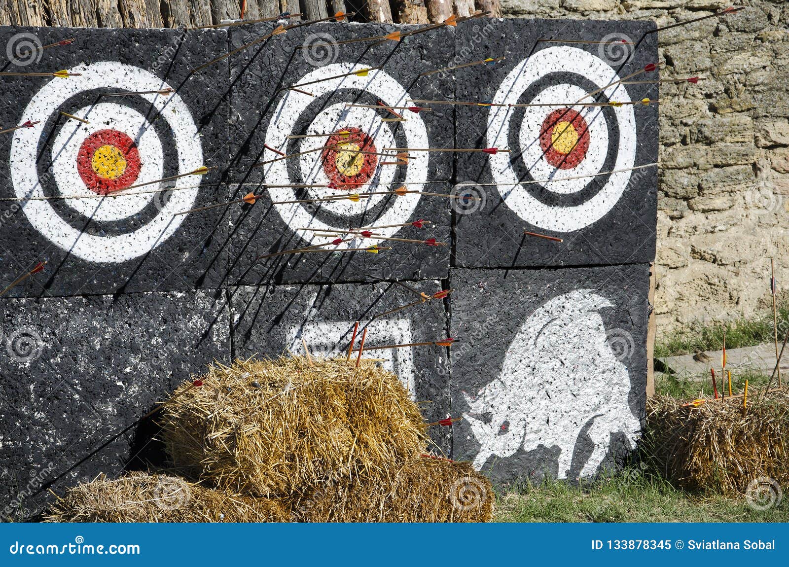 Three Targets with Arrows in the Yard Outdoors Stock Image - Image of ...