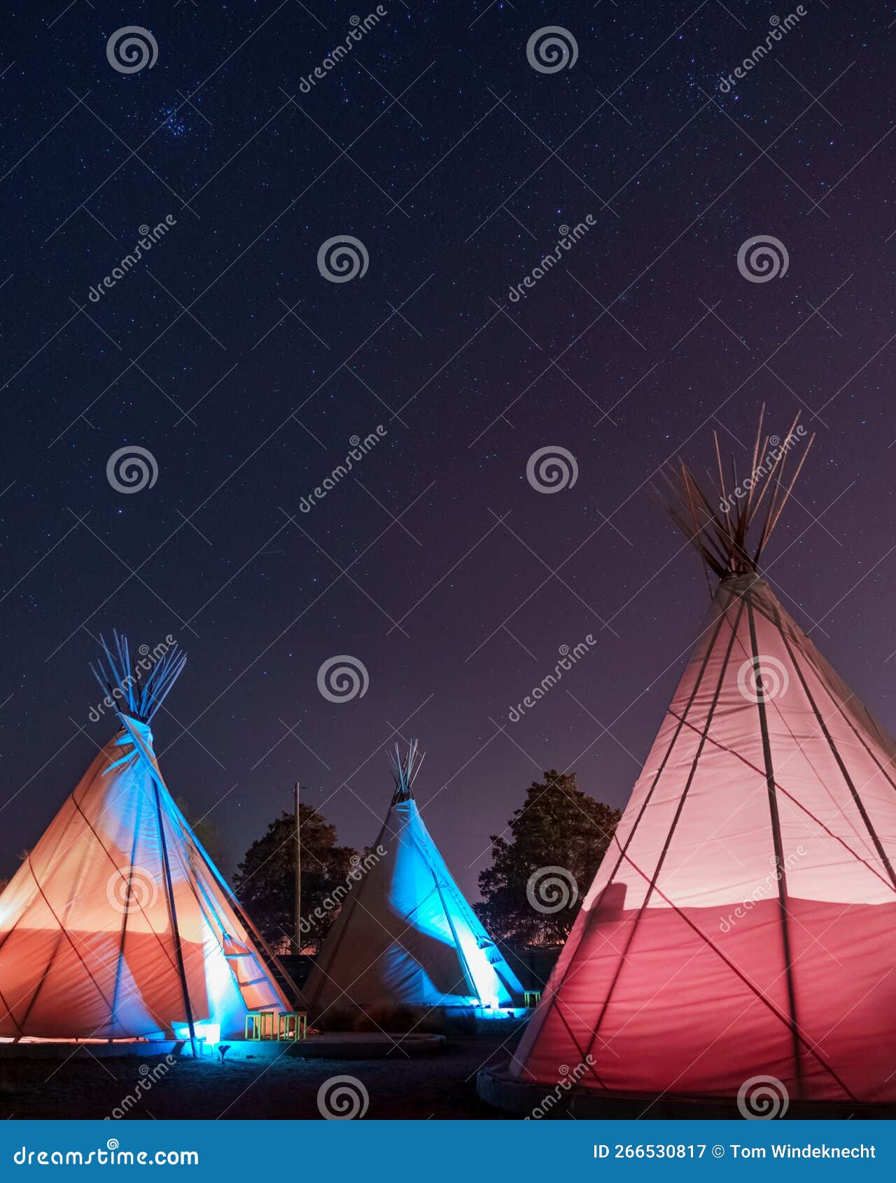 Teepees Under Night Sky Full Of Stars. Camping At Traditional Teepee At Night. AI Generative ...