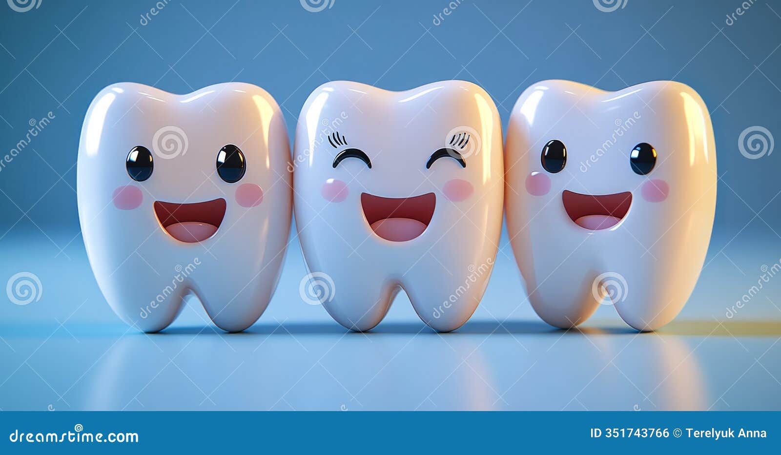 Three Teeth with Smiling Faces are Shown on a Blue Background Stock ...