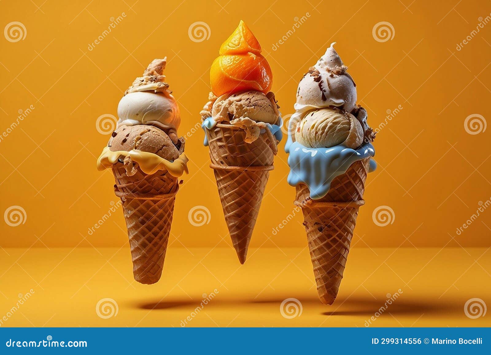 Three Tempting Fruit Flavored Ice Cream Cones Floating In The Void In ...