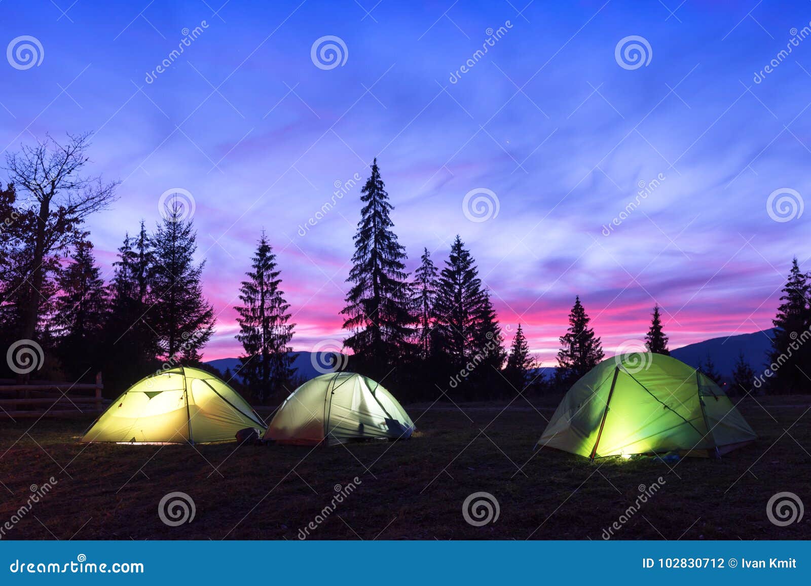 Three Tents Lighted from the Inside Stock Photo - Image of mountain ...
