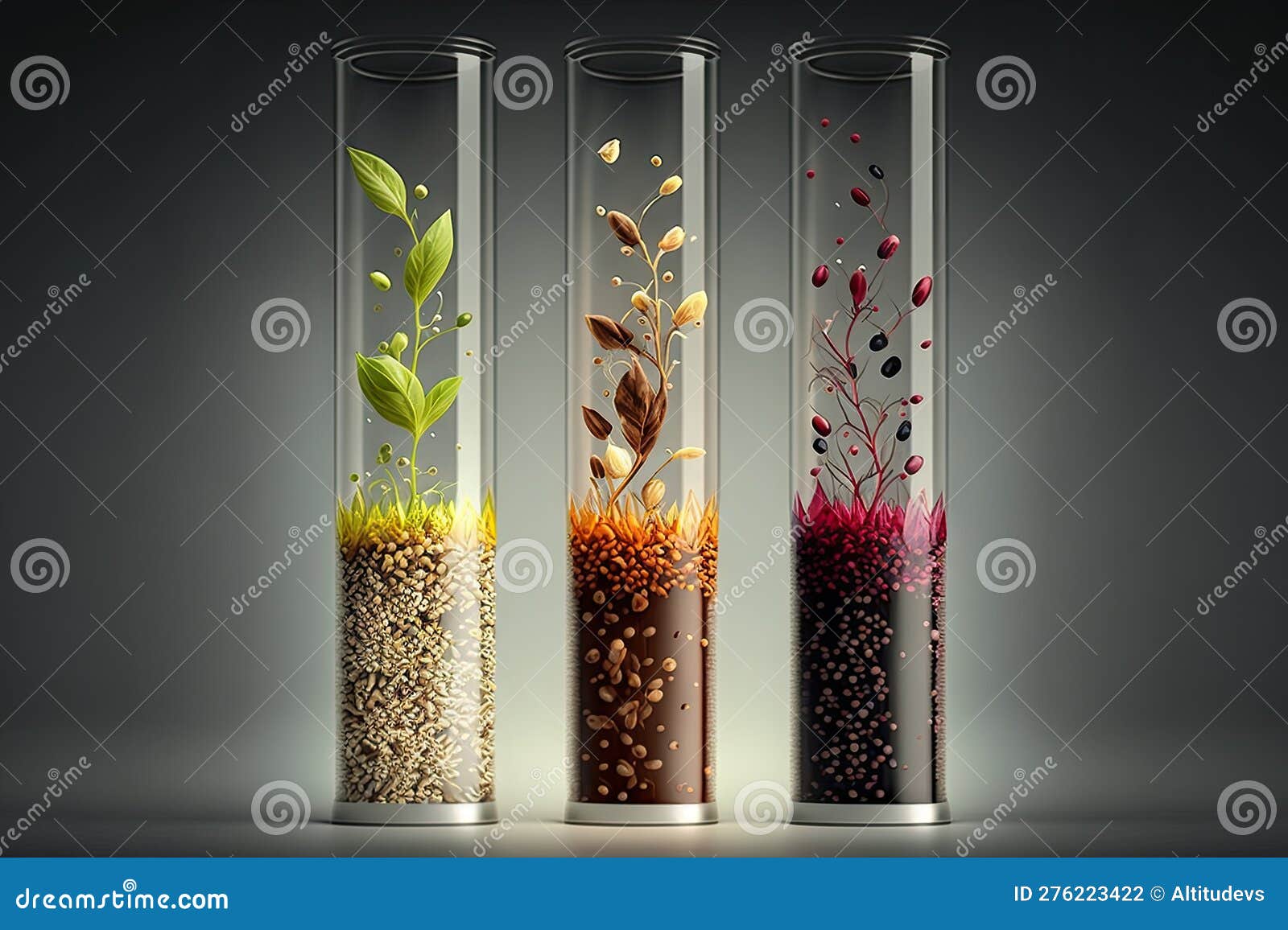 Three Test Tubes with Different Kinds of Seeds Growing in the Lab Stock ...