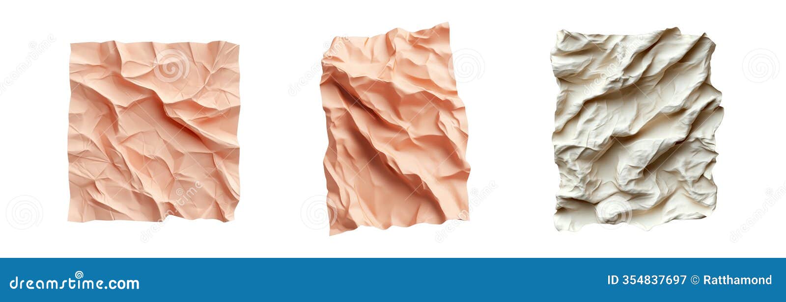Three Textured Pieces Of Crumpled Or Folded Paper, Isolated On A ...