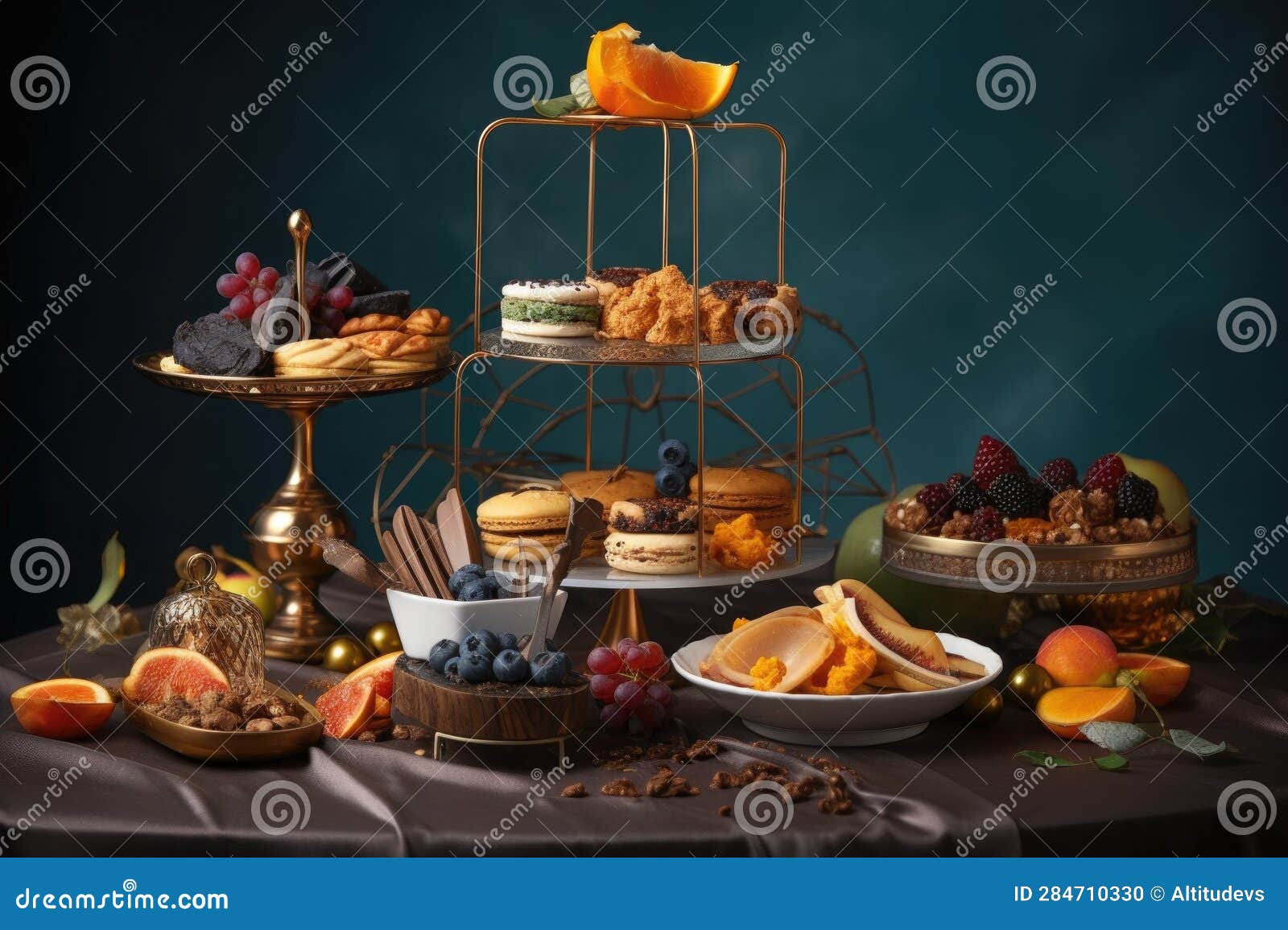 Three-tier Cake Stand with Assorted Pastries and Sweets Stock Photo ...