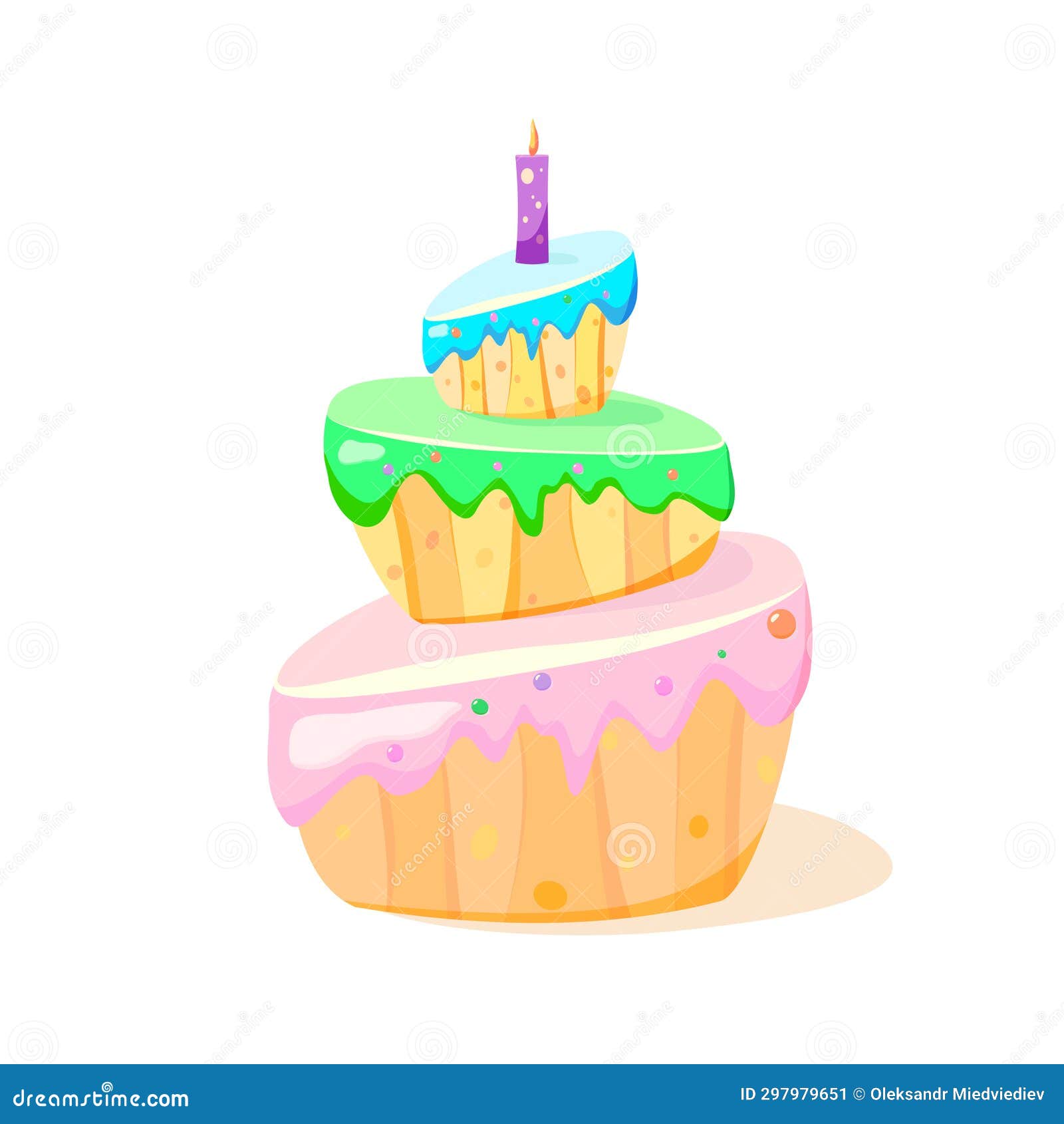 A Three-tiered Cake with One Candle Drawn in a Cartoon Style. Stock ...