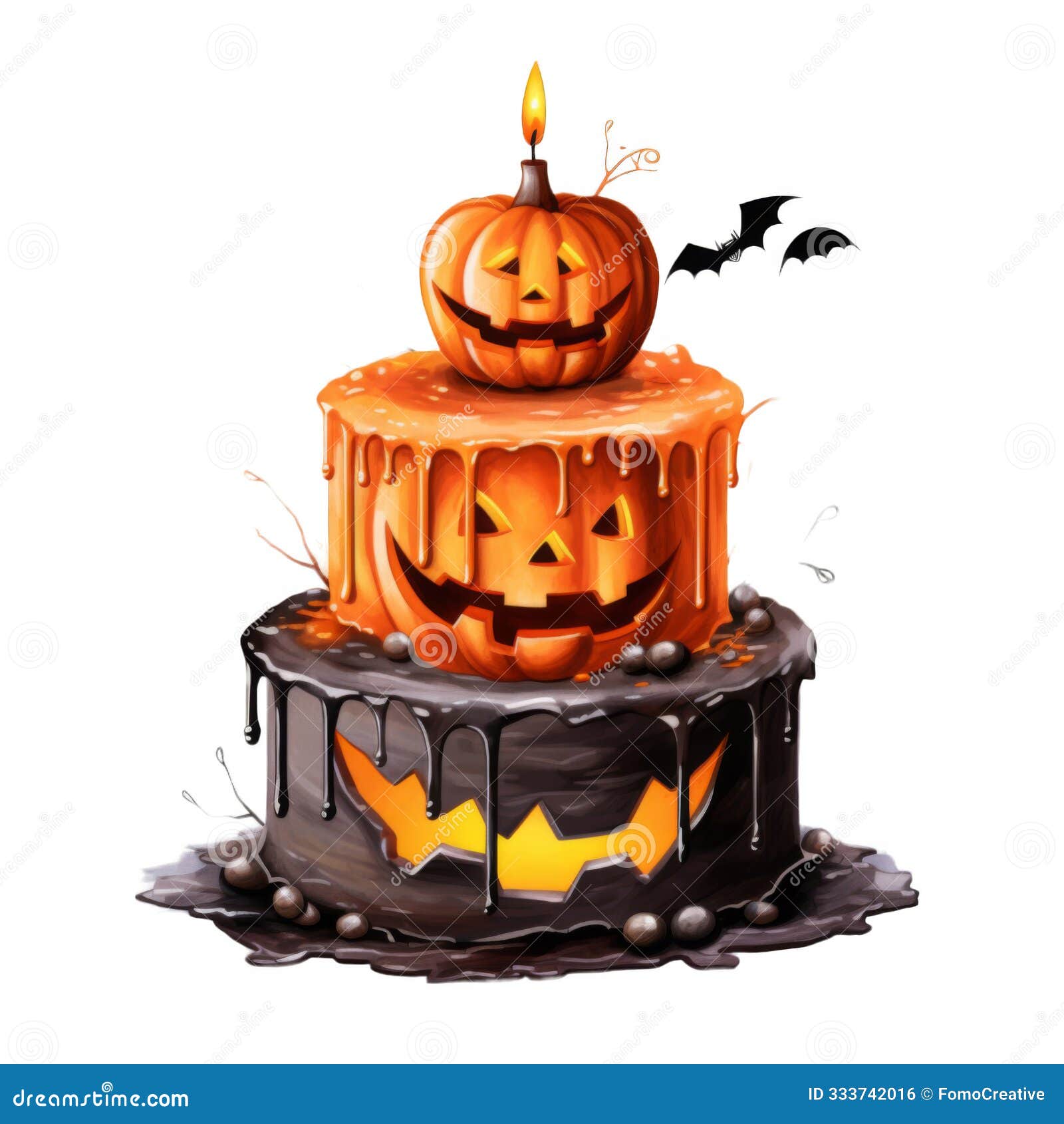 A Three-Tiered Halloween Cake Decorated with Jack-o -Lantern Faces ...