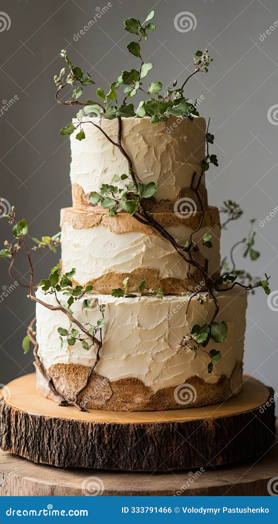 A Three Tiered Wedding Cake with Greenery on Top of it Stock Photo ...