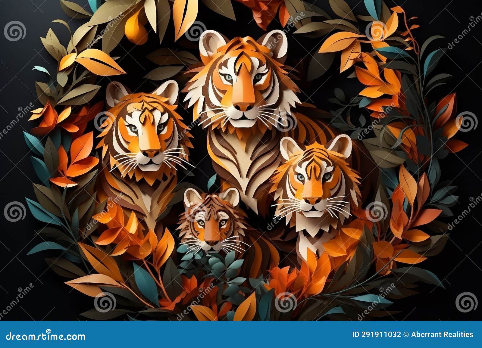 Three Tigers in a Wreath of Leaves on a Black Background Stock ...