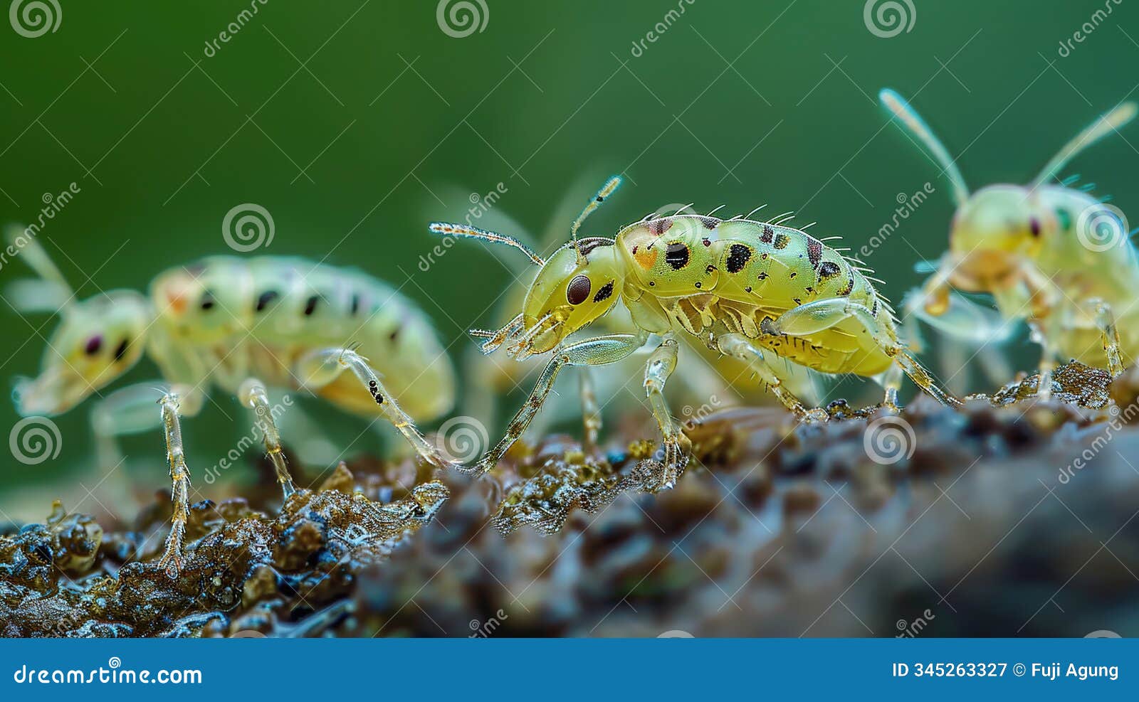 Three Tiny Green Insects With Black Spots Crawl Across A Dark Surface ...