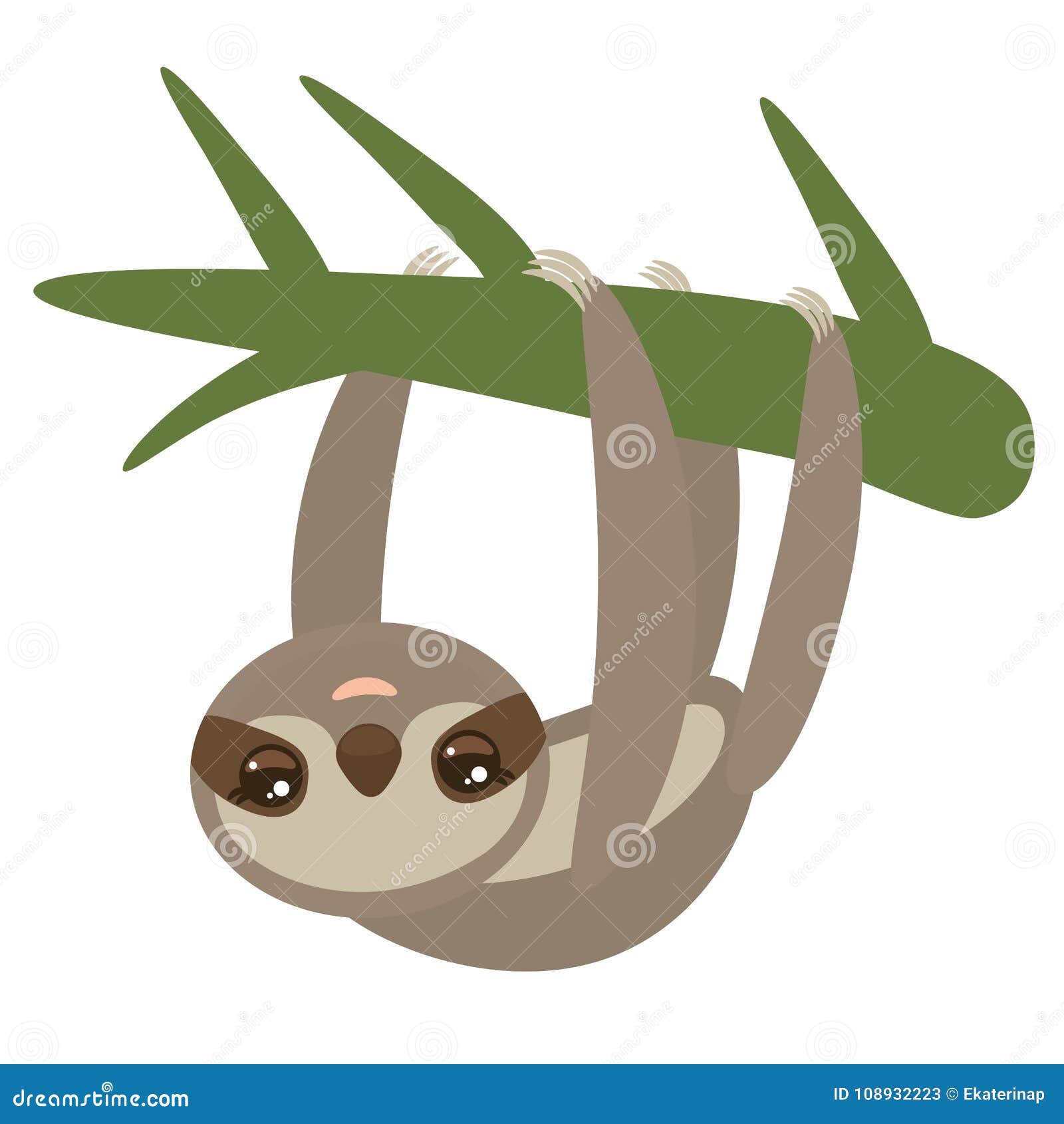 Three-toed Sloth on Green Branch on White Background. Vector Stock ...