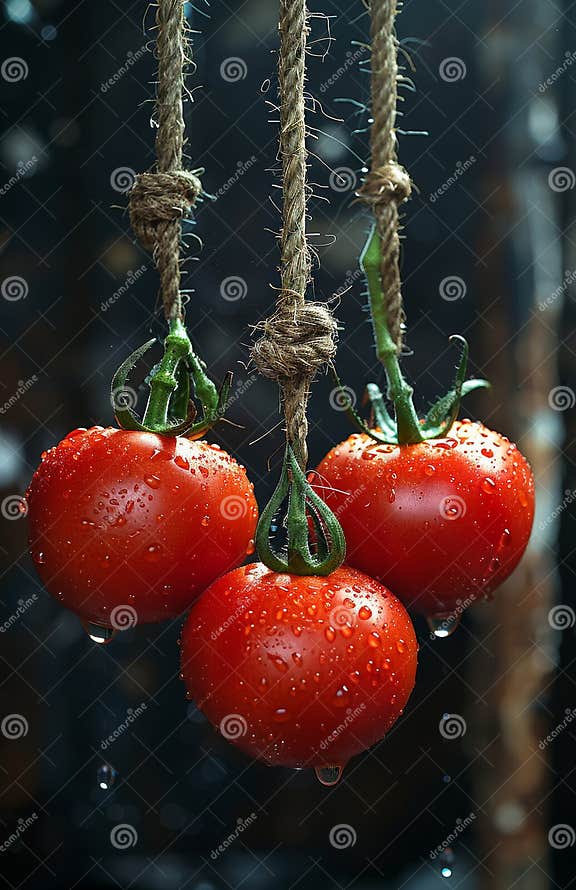 Three Tomatoes Hang on Rope in the Rain Stock Photo - Image of tasty ...