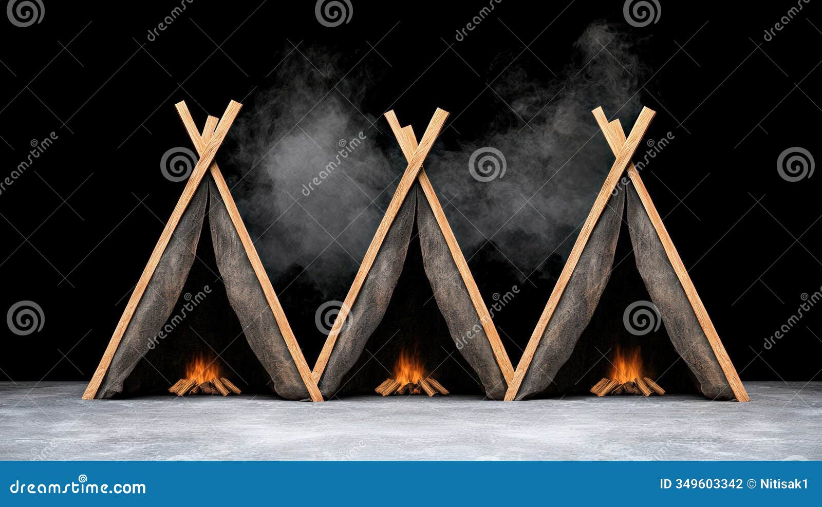 Three Traditional Tents with Fires Smoke Rising Black Background Stock ...