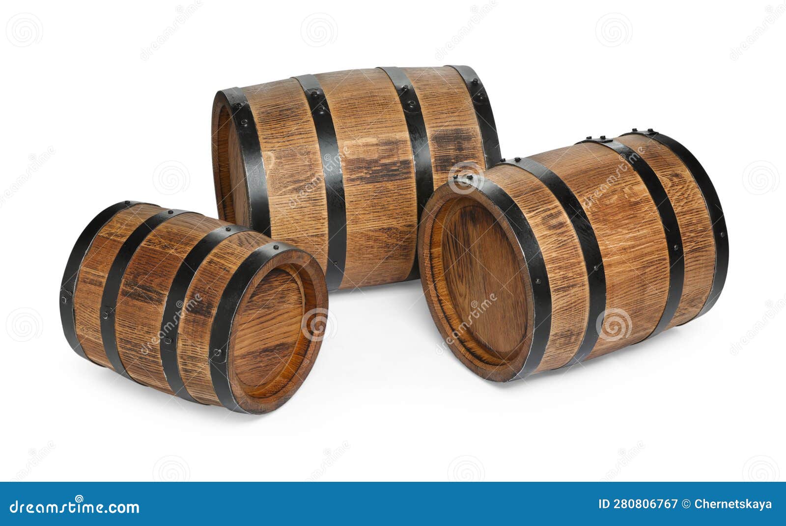 Three Traditional Wooden Barrels on White Background Stock Image ...