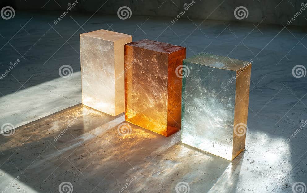 Three Translucent Blocks of Different Colors Illuminated by Sunlight on ...