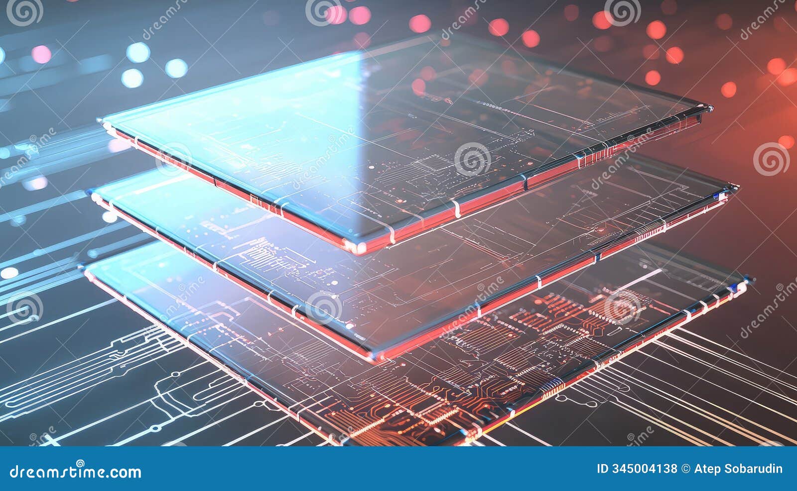 Three Translucent Circuit Boards Stacked on Top of Each Other, with a ...