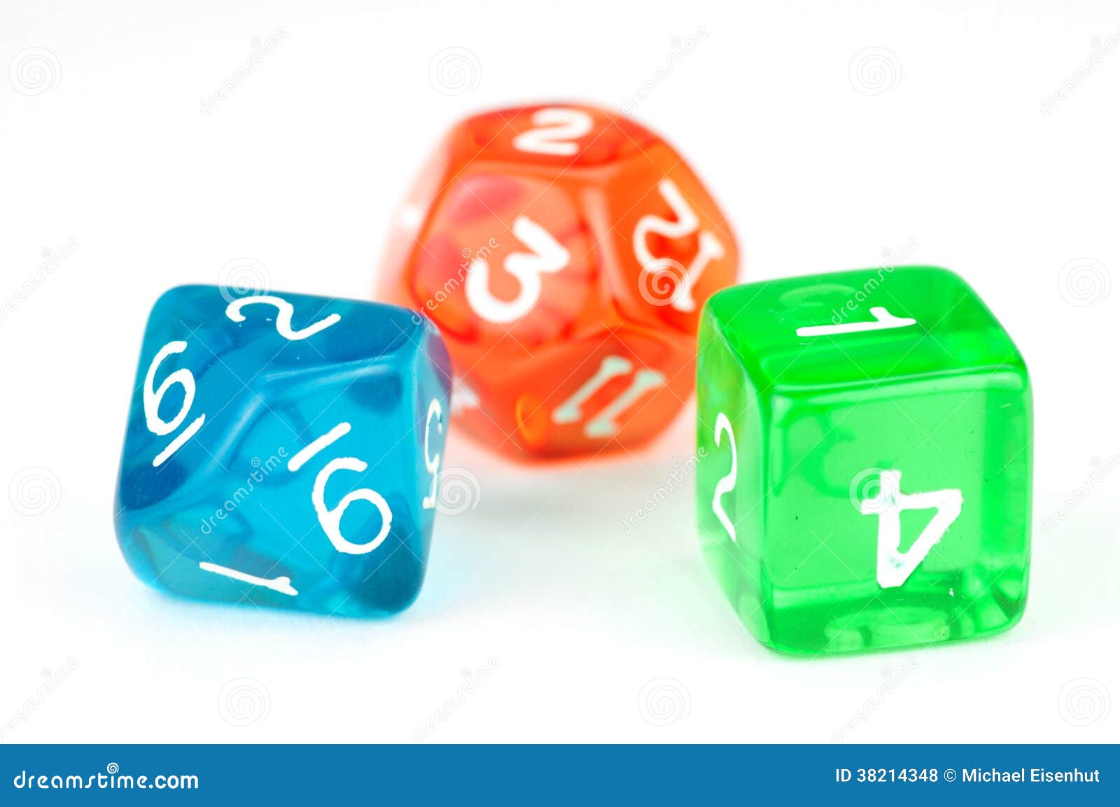 Three Translucent, Colored Dice on White Stock Photo - Image of trio ...