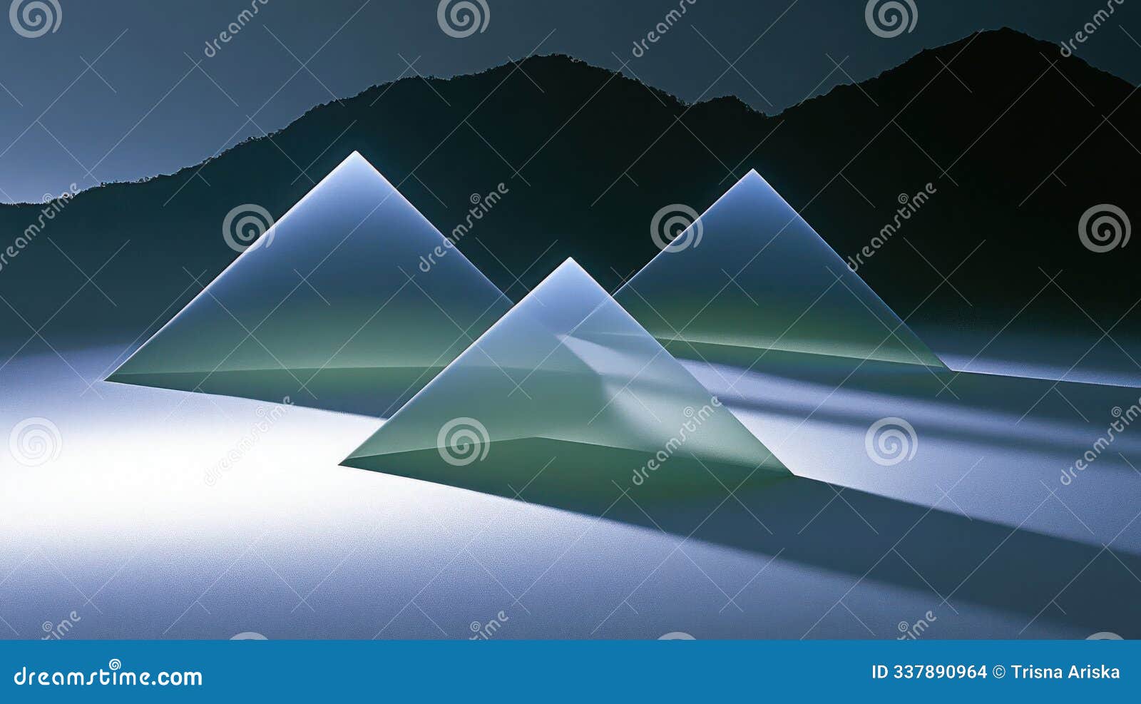 Three Translucent Pyramids Illuminated Against a Dark Mountainous ...