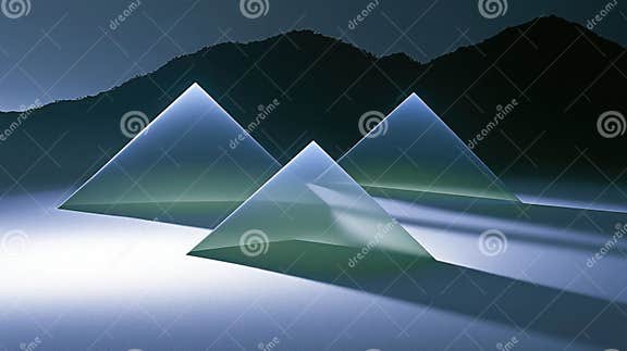 Three Translucent Pyramids Illuminated Against a Dark Mountainous ...