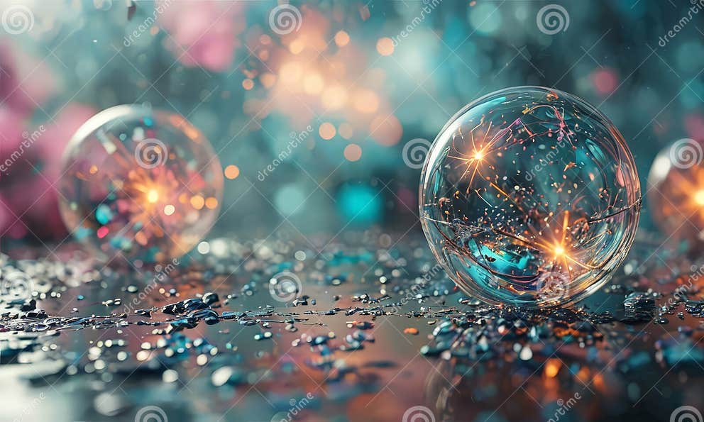 Three Transparent Spheres with Glowing Orange and Blue Lights are ...