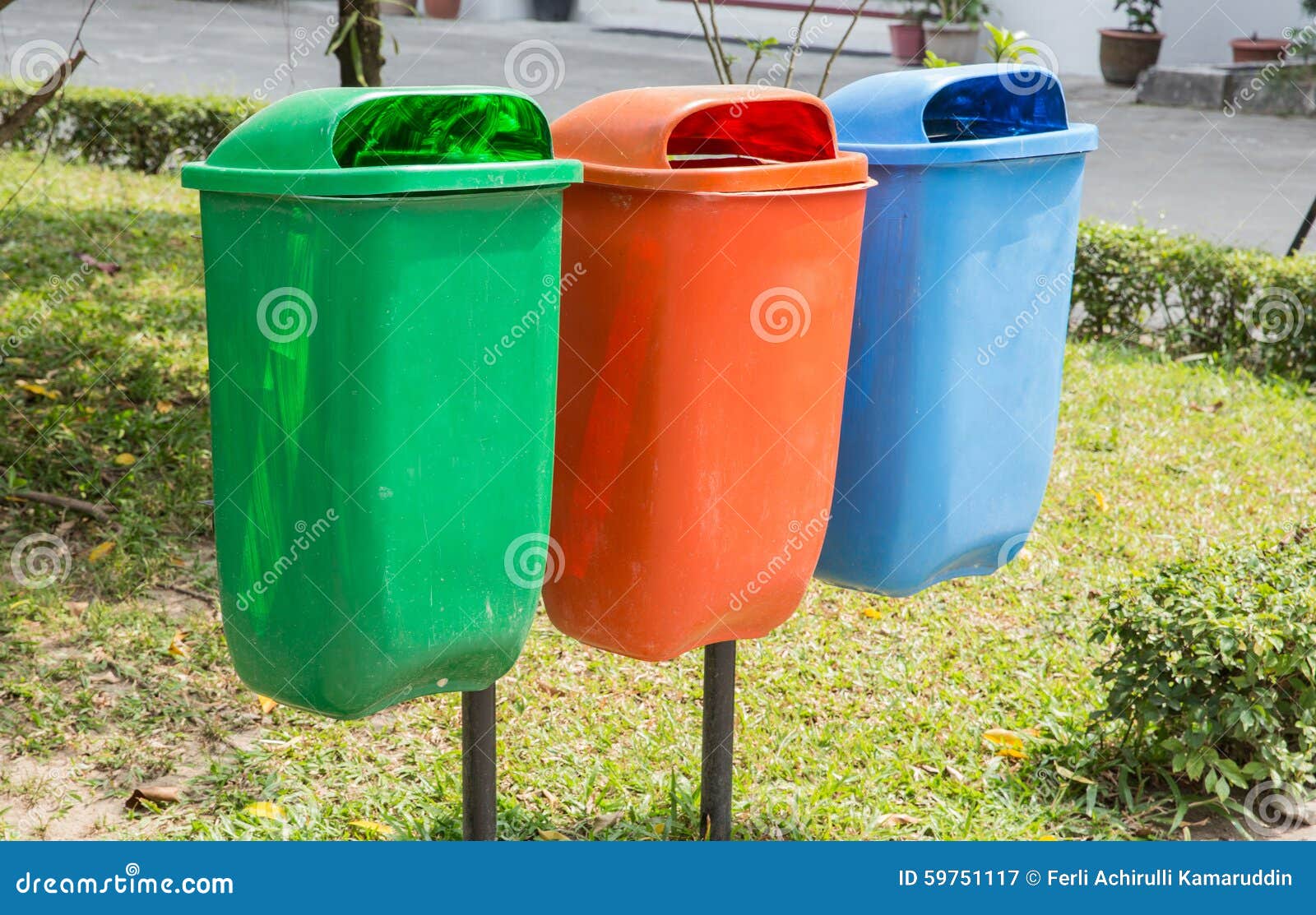 Three Trash Bin in Different Colors on a Park Stock Image - Image of ...