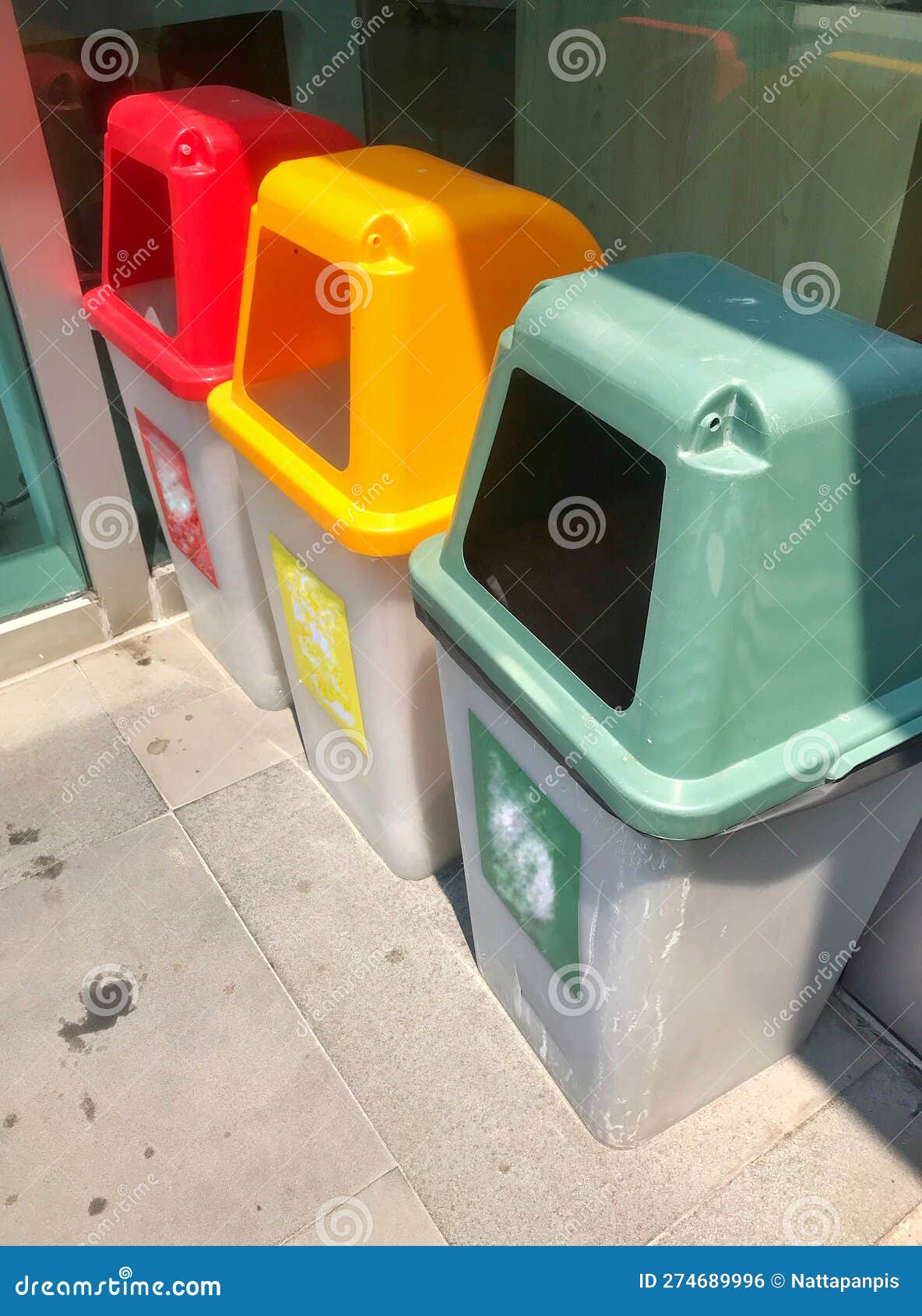 Three Trash Bins are Arranged Outdoor. Stock Photo - Image of object ...