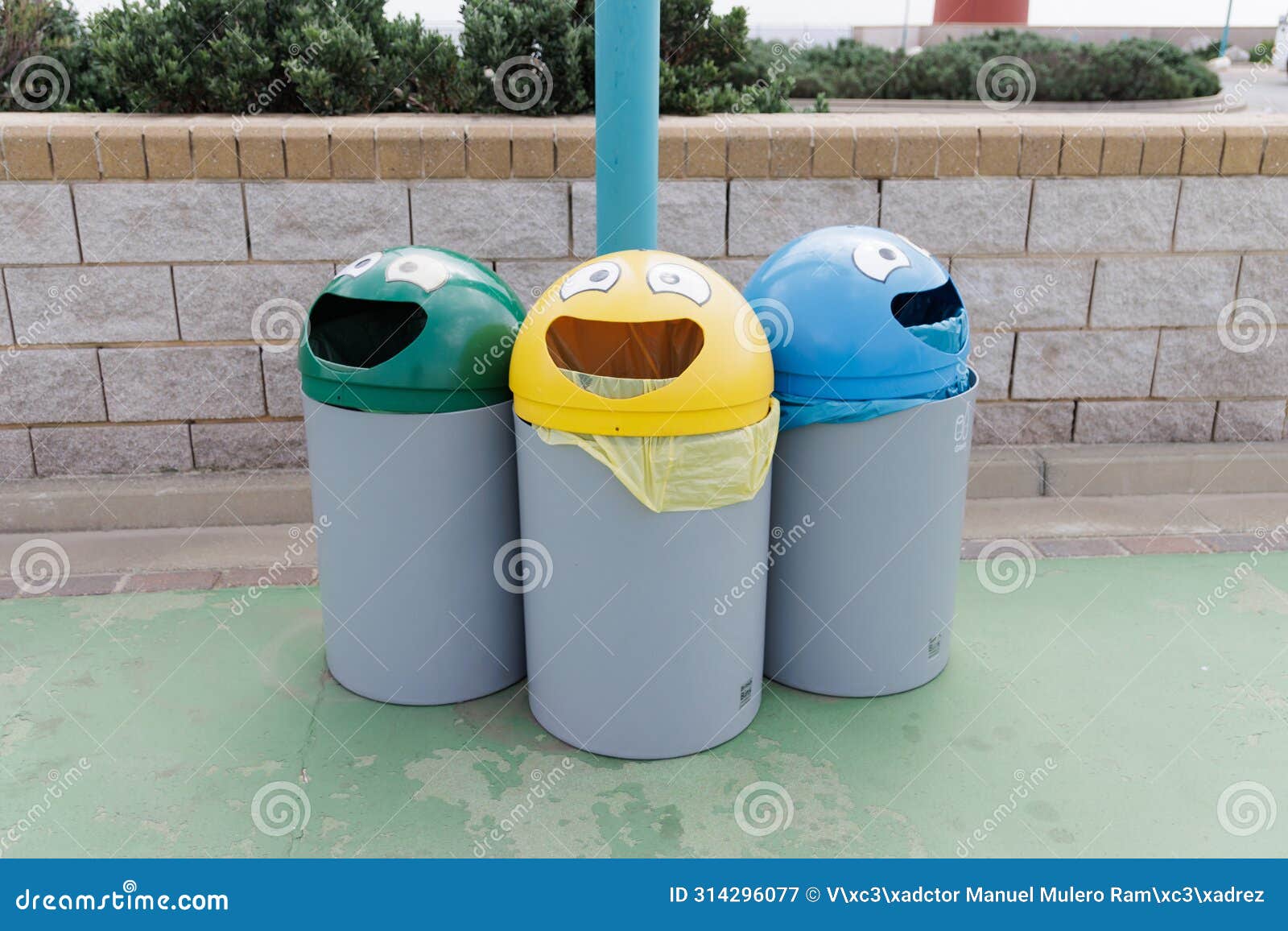 Three Trash Cans with Faces on Them Stock Image - Image of plastic ...