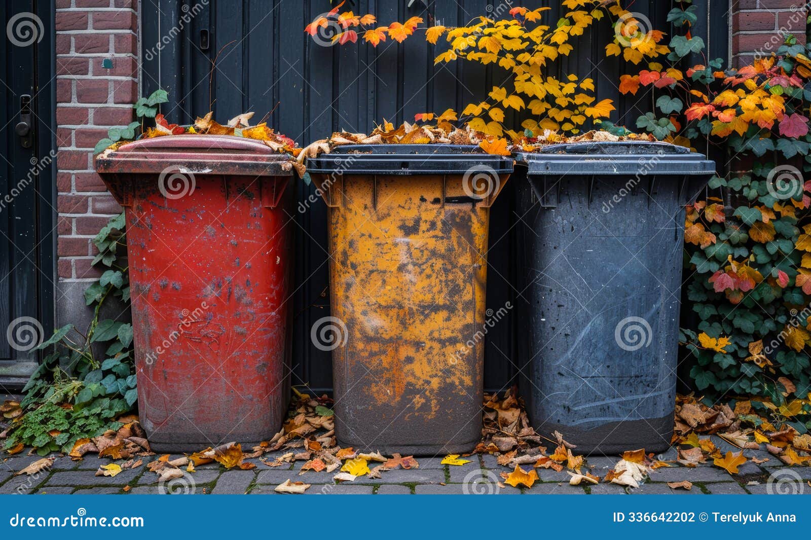 Three Trash Cans are Lined Up Against a Brick Wall Stock Photo - Image ...